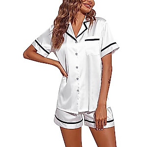 Ekouaer Silk Pjs Set Women's Cute Pajamas Classic Sleepwear Short Sleeve Loungewear Satin Shorts Sets (White,XXL)