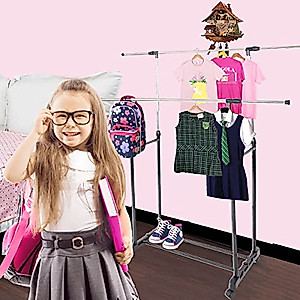 Small Clothing Rack for Hanging Clothes Wardrobe Rack Garment Rack Hanging Rack Rolling Closet with Wheels Double Rod Clothing Display Rack Cost Free of Storage Basket Cube Storage Bin (Garment Rack)