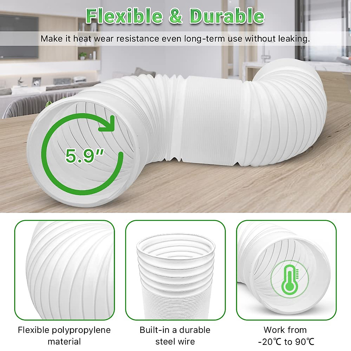 Air Conditioner Hose, lasama Universal Exhaust Hose, 5.9" Diameter Portable AC Exhaust Vent with Length 59", Clockwise Thread