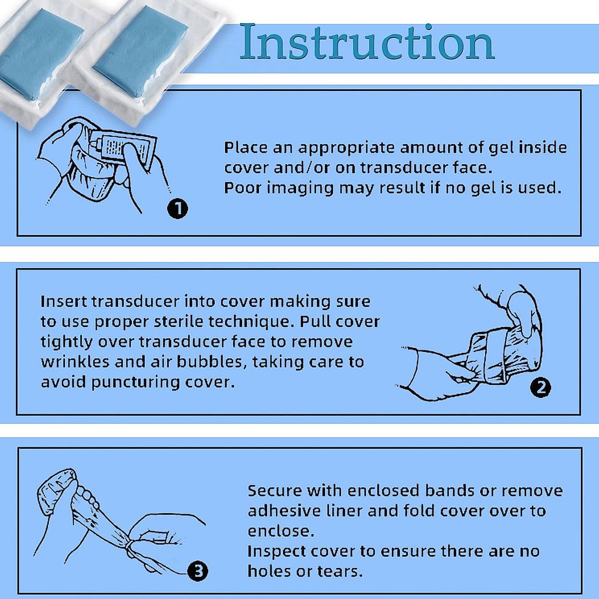Ultrasound Probe Cover, Transducer Disposable Clear Latex-Free Sterile Protector, Packaging Individual, 50 Pcs (6" x 12")