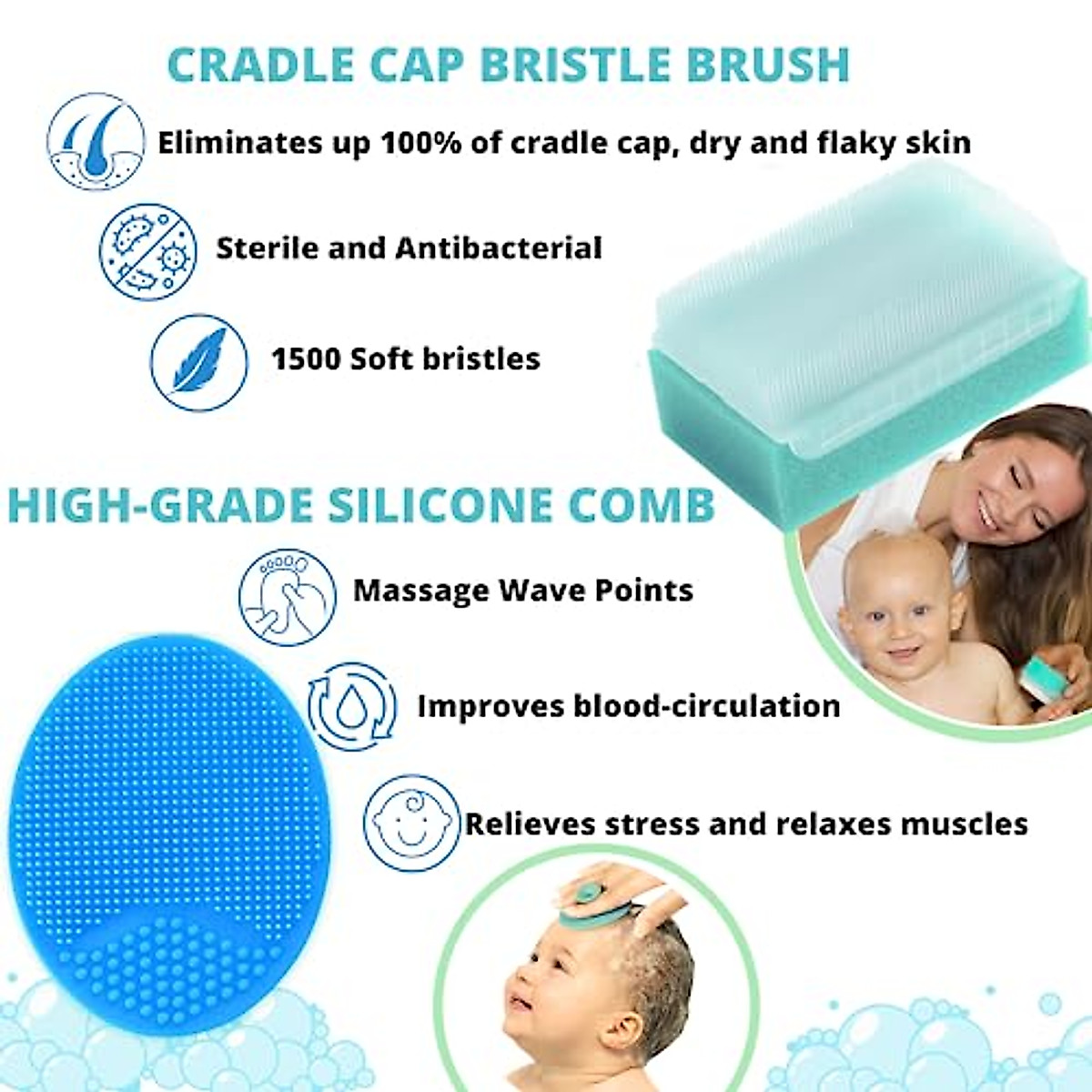 Baby Cradle Cap Treatment Kit | Baby Cradle Cap Brush for Babies - Baby Bath Essentials | Cradle Cap Comb & Baby Bath Sponge (Set of 6)