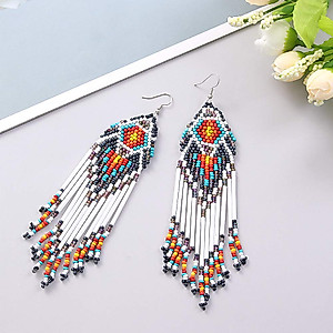 Coeufuedy White Beaded Earrings for Women Seed Bead Earrings Bohemian Statement Drop Fringe Earring for Girls(White)