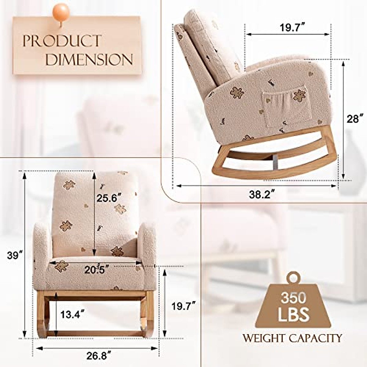 Cute Comfy Rocking Chair for Baby Nursery, Upholstered Rocker Chair with High Backrest and Side Pocket, Modern Armchair for Living Room, Glider Rocker with Solid Wood, Quiet Rocking Design, Beige