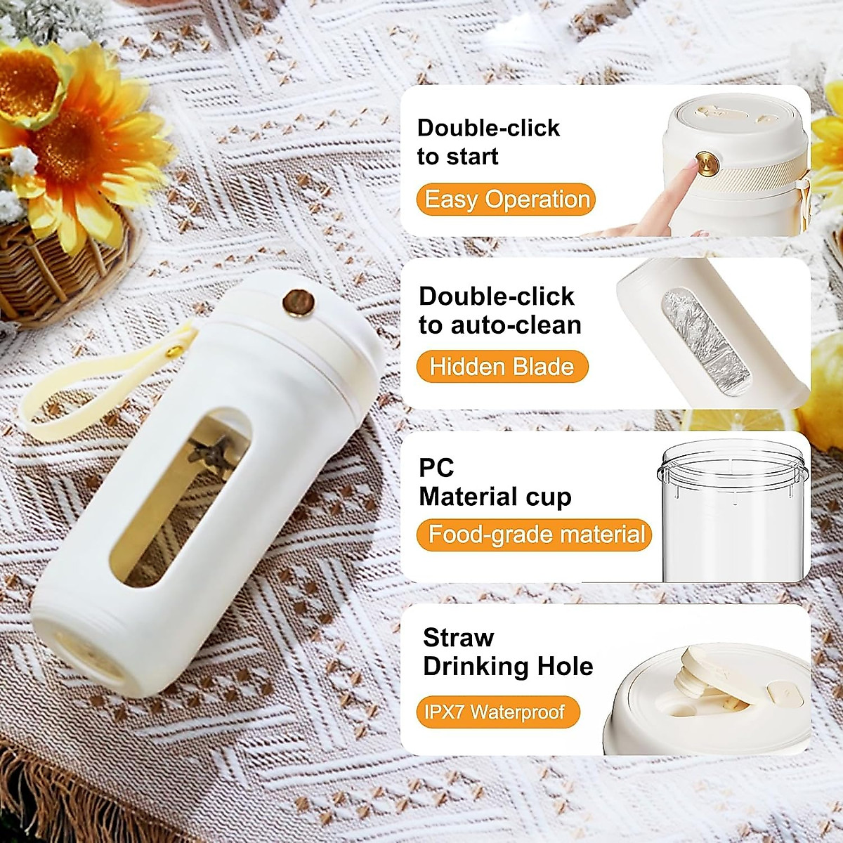 Portable Blender Personal Juicer, 16 Oz Personal Size Blender for Shakes and Smoothies with 10 Blades, USB Rechargeable Mini Small Smoothie Blender Bottles for Home, Travel, Picnic, Office, Gym