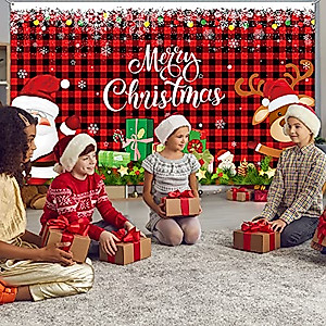 Christmas Backdrop Banner Santa Claus Reindeer Party Background Decoration for Xmas Holiday Photo Booth Photography Props Wall Hanging Decor, 72.8 X 43.3 Inch (Black-red,Plaid Pattern)