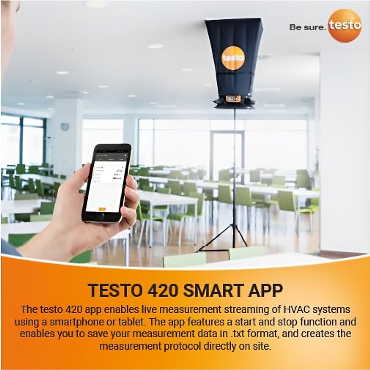Testo 420 Flow Hood – Air Flow Meter for Airflow, air velocity, volume flow, temperature, and relative humidity – HVAC Air Flow Meter CFM with Tiltable Display, Bluetooth, and App Compatibility