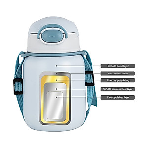 Diller Insulated Water Bottle with Straw, 14 oz Travel Coffee Mug with Straps Mini Stainless Steel Water Bottles with Straw for Kids and Women Keep 12H Piping Hot & 24H Cold (Blue, 14 oz)