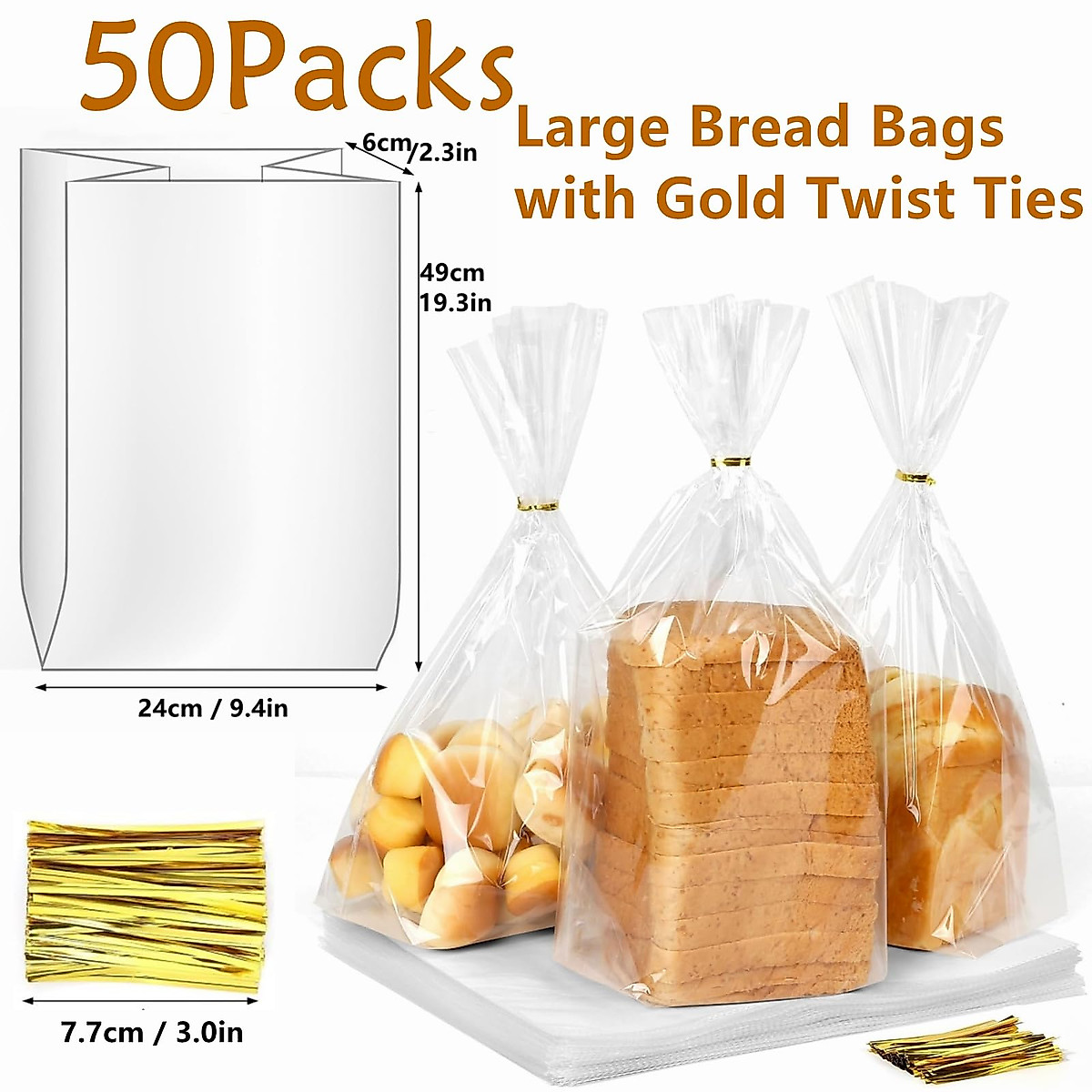 Reusable Plastic Bread Bags for Homemade, 52Packs Bakery Loaf Sourdough Large Clear Bag with Ties For Airtight Moisture, Poly Storage Bag + Bread Slicer Toast Cutting Guide + 8" Serrated Bread Knife