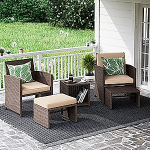 OC Orange-Casual 5 Pcs Patio Conversation Set Balcony Furniture Set with Beige Cushions, Brown Wicker Chair with Ottoman, Storage Table for Backyard, Garden, Porch