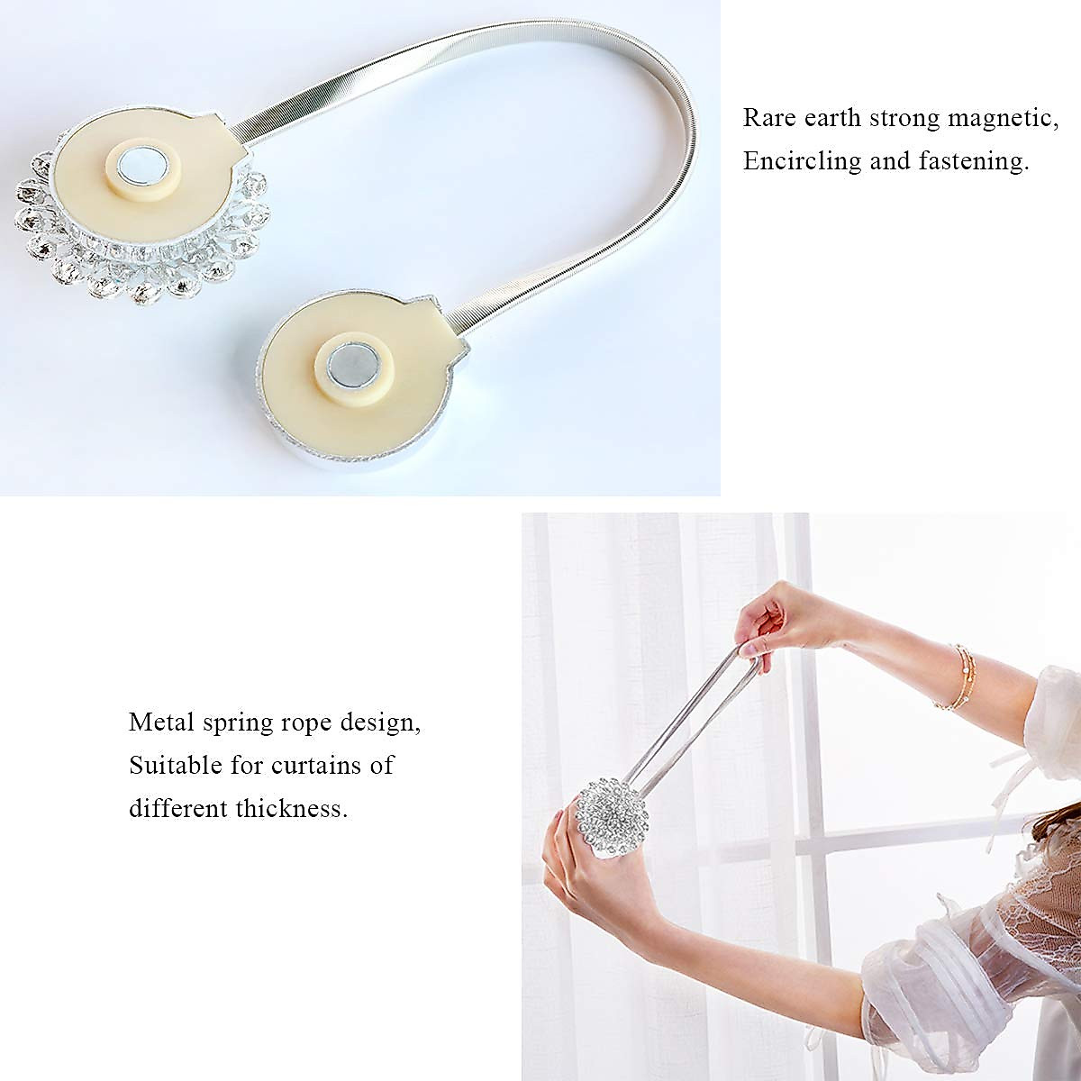 Pinowu Magnetic Crystal Flower Curtain Tiebacks (2 Pack), Decorative Curtain Holdback Buckle Clips with Stretchable String Rope for Bedroom, Living Room, Office