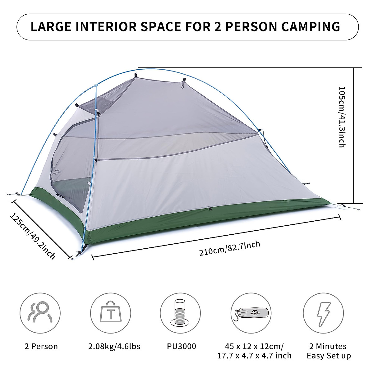 Naturehike Cloud-Up 2 Person Tent Lightweight Backpacking Tent with Footprint - Free Standing Ultralight Camping Hiking Backpack Tents Two Person Tent
