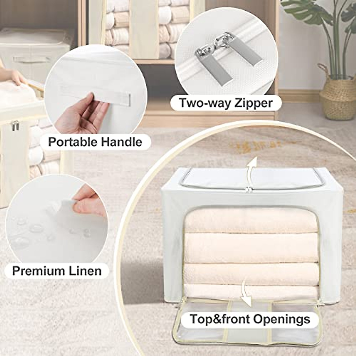 Elegeet 3Pack 66L Storage Bins with Metal Frame - Foldable Linen Fabric Storage Box With Handles And Transparent Window Closet Organizers And Storage(Grey