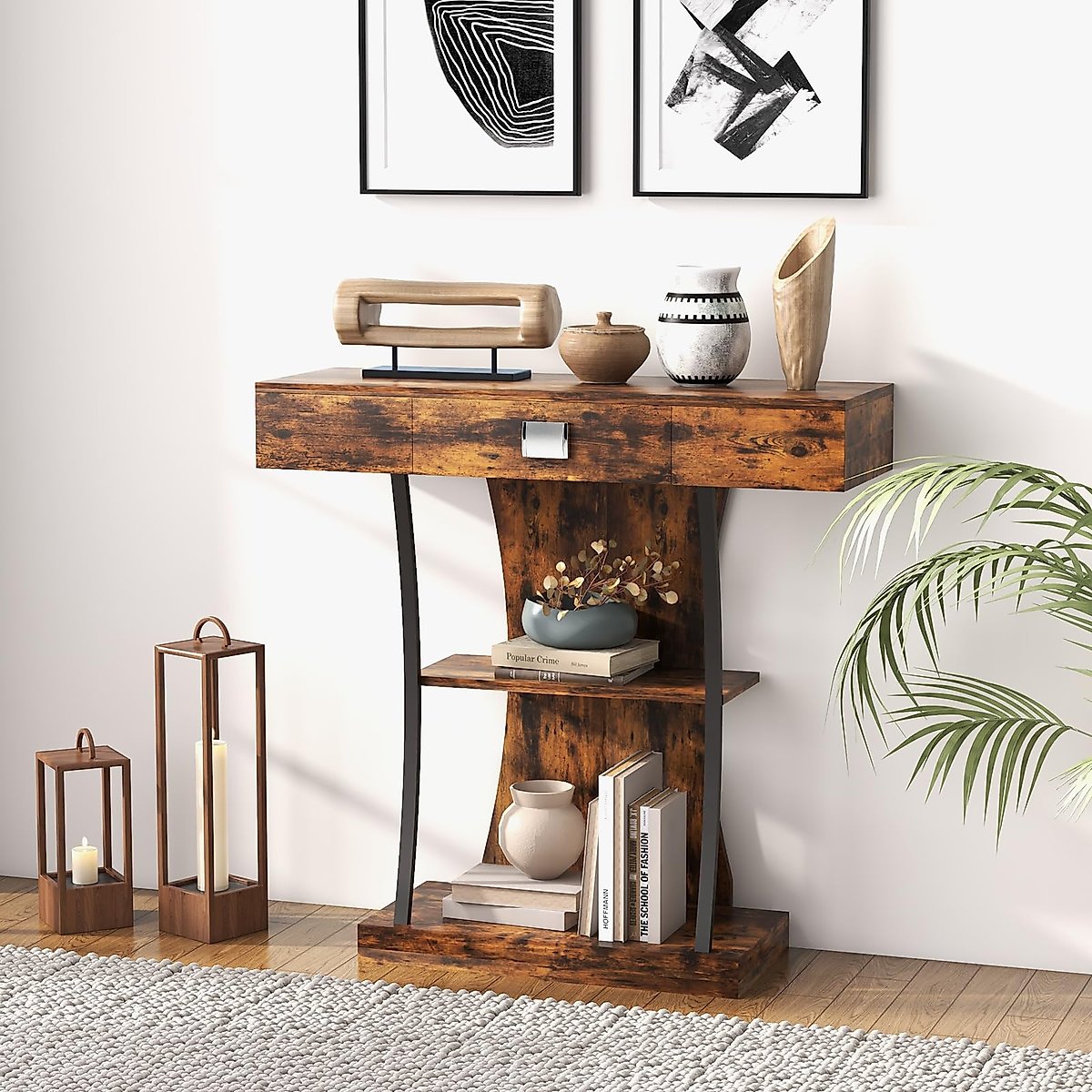 KOTEK Console Table with Storage Drawer & Shelves, 3-Tier Narrow Sofa Table, Behind Couch Table, Modern Foyer Table, Small Entryway Table for Living Room, Hallway (Rustic Brown)