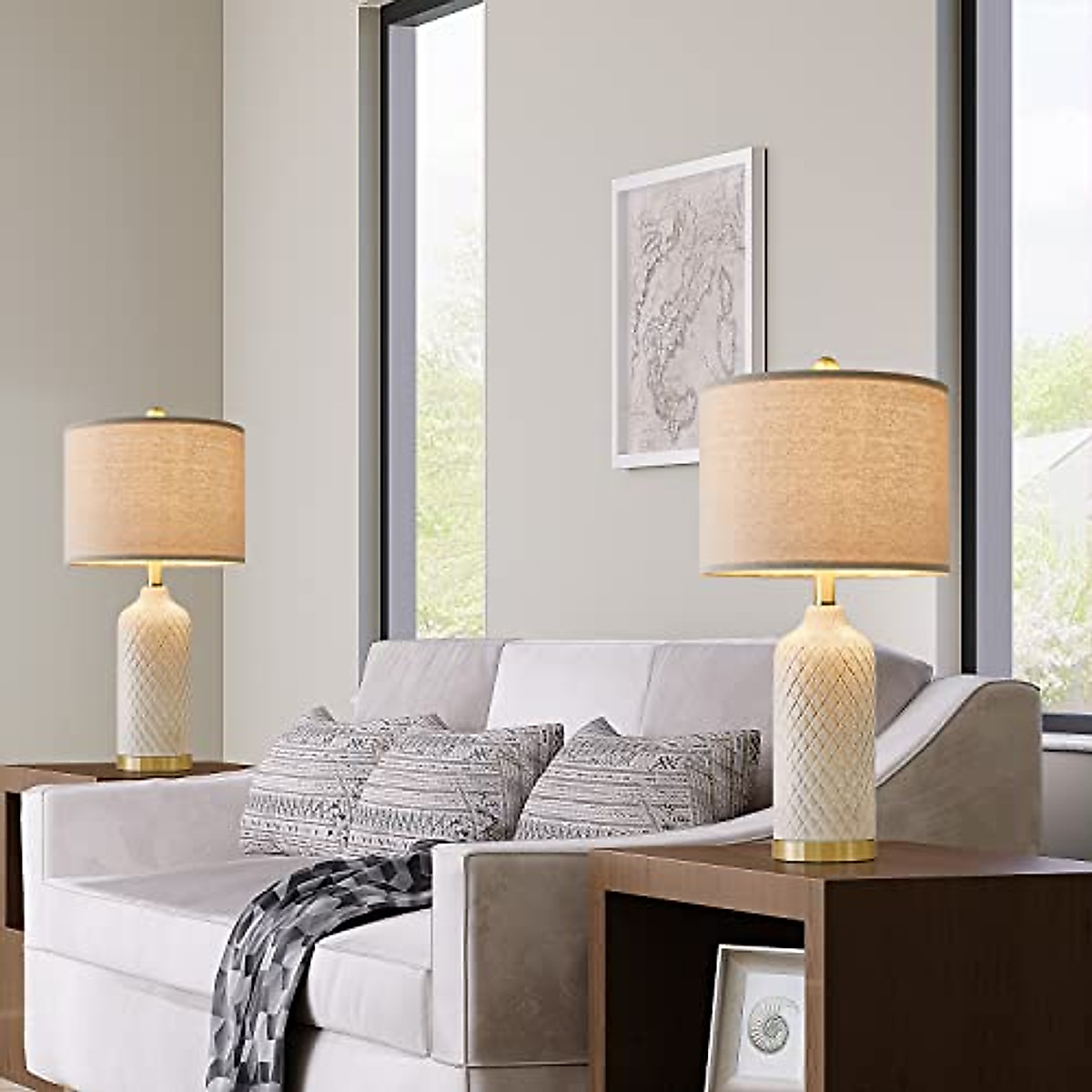 G-SAFAVA 24.25" Modern Ceramic Table Lamp Set of 2 White and Gold Lamp for Bedroom Living Room Bedside Lamps for Nightstand