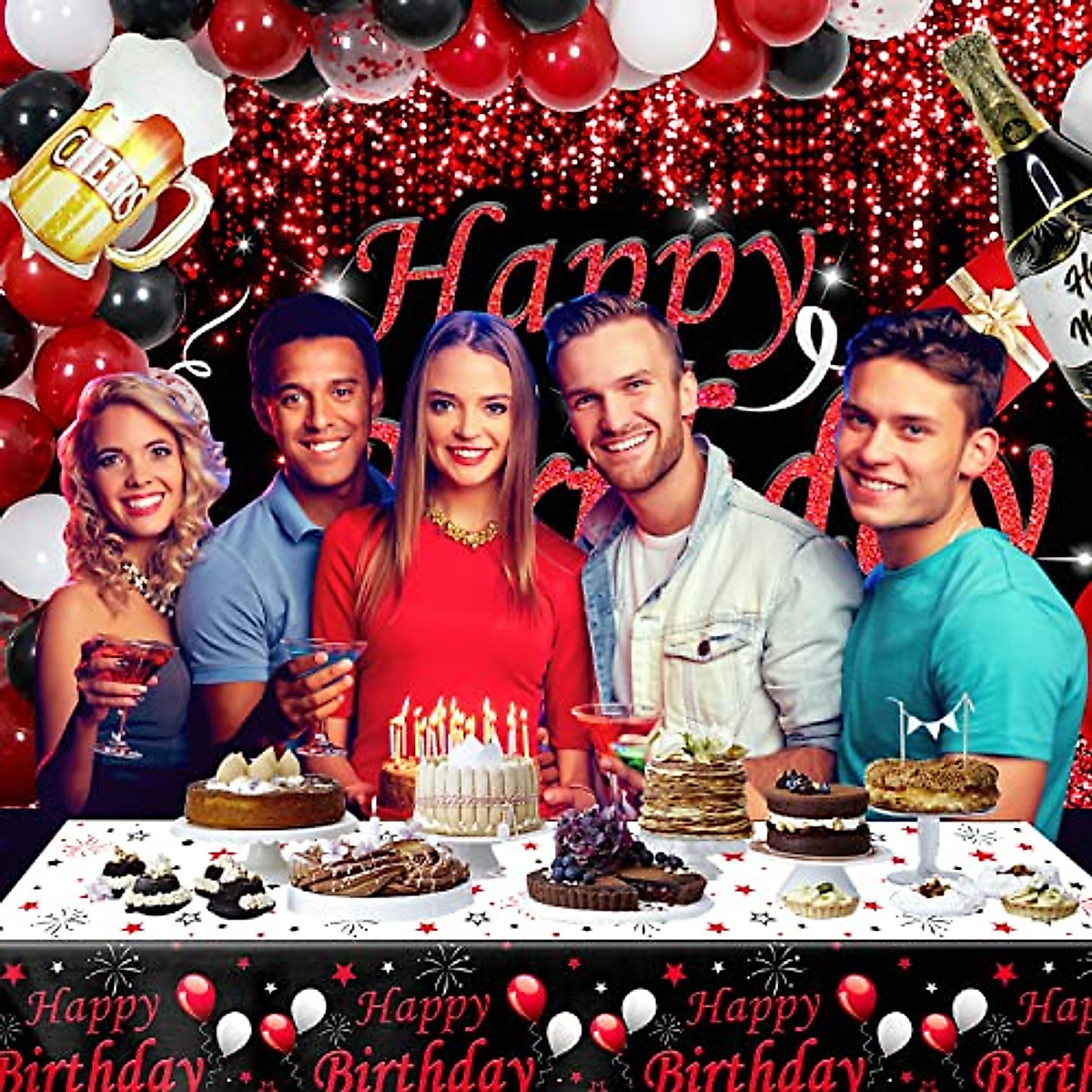 Red and Black Party Decorations, Happy Birthday Decorations for Men Women with Photography Backdrop & Tablecloth Balloons Arch Kit Banner Birthday Party Supplies Beer Bday Decor with Table Cover