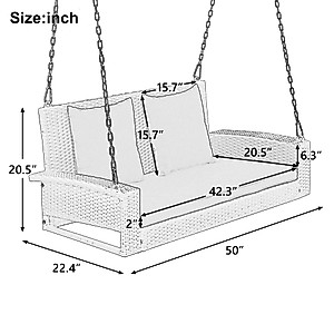 2-Person Porch Swing with Hanging Chains,Outdoor Rattan Wicker Porch Swing Bench with Cushion/Pillow for Front Garden, Backyard, Pond(Gray Wicker, Blue Cushion)