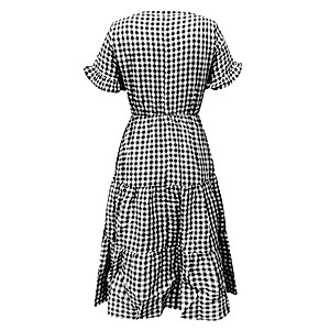 New Pleated Wrap Lace Up Short Sleeve Square Collar Long Plaid Dress Black