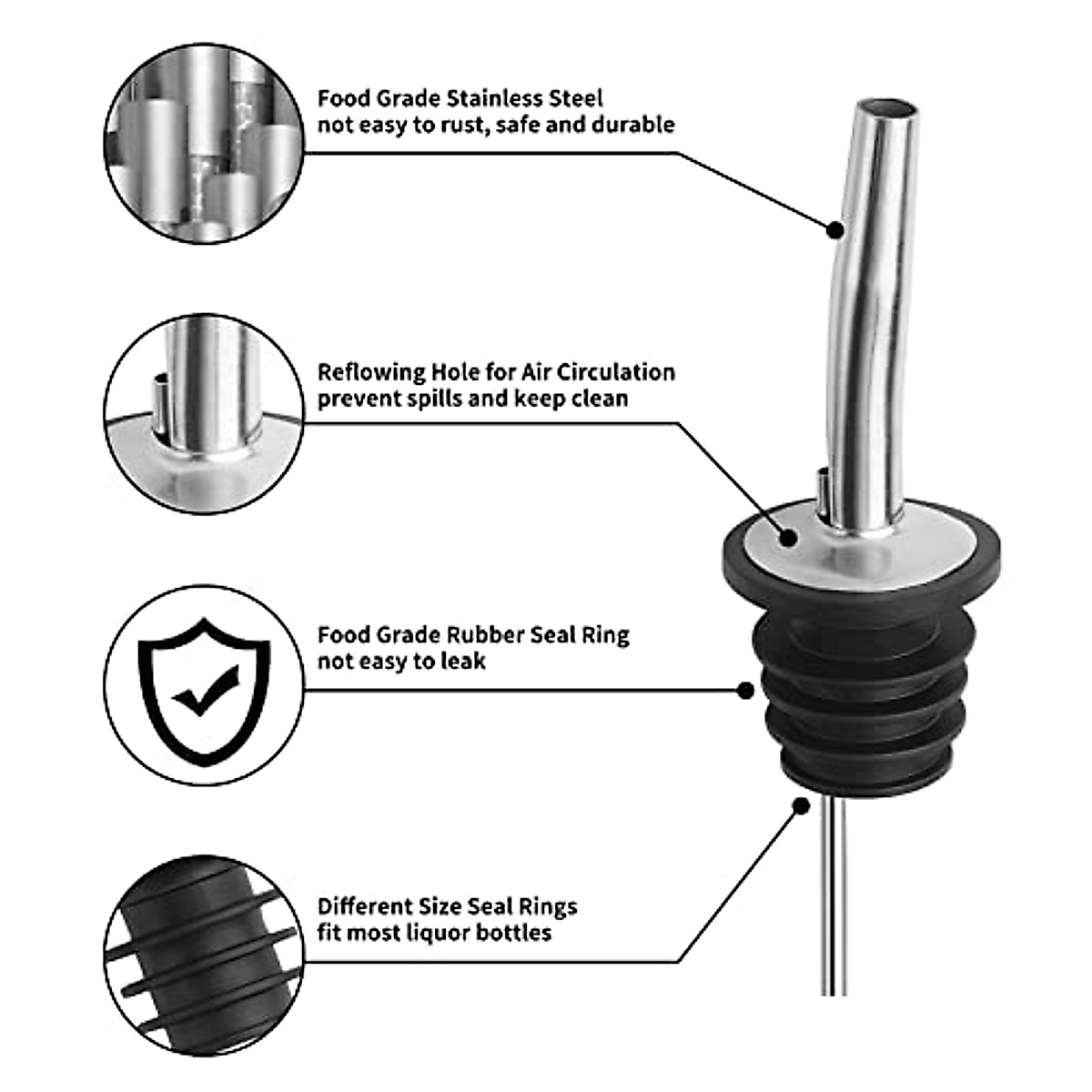 Pour Spout for Liquor Bottles - Vaincre 12 Pack Liquor Bottle Pourers, Pour Spouts with Rubber Dust Caps, Stainless Steel Tapered Speed Wine Pourers, Good As Olive Oil Spout, Fit Most Liquor Bottles