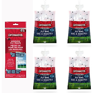 Catchmaster Fly Trap Bundle, Window Fly Traps 12-Pack & Fly Bag 4-Pack, Fruit Fly Traps for Indoors & Outdoors, for Garage, Backyard, Pool, Patio & Camping