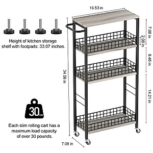 4 Tier Slim Storage Cart Narrow Laundry Cart on Wheels Utility Kitchen Rolling Cart with Wood Tabletop Mobile Shelving Unit Bathroom Storage Organizer Slide Out Rolling Tower for Narrow Spaces