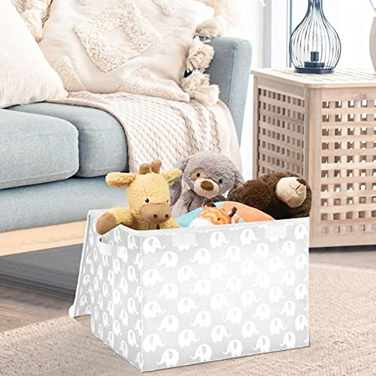 CaTaKu Cute Elephants Grey Storage Bins with Lids Fabric Large Storage Container Cube Basket with Handle Decorative Storage Boxes for Organizing Clothes Shelves