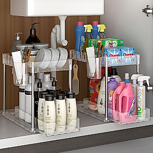 Gbasics Under Sink Clear Organizer and Storage, Pull Out Cabinet Organizer with Sliding Drawer 2 Tier Multi-Purpose Bathroom Shelf Organizer for Kitchen Bathroom Storage