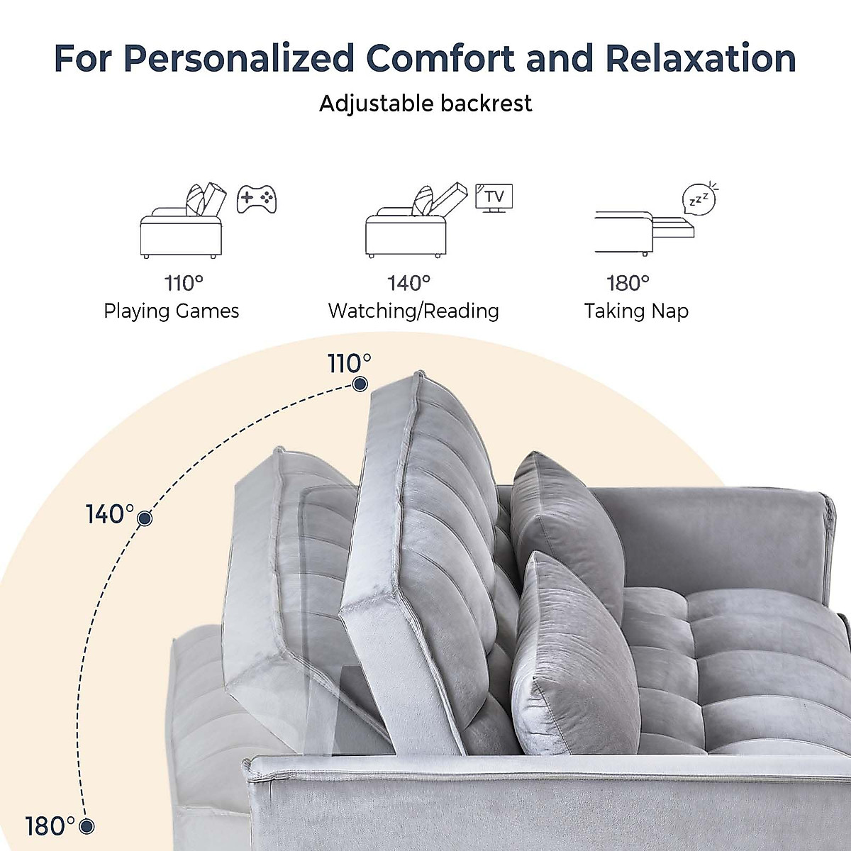 Lyromix 3 in 1 Sleeper Sofa Couch Bed, Velvet Sofa Bed with Adjustable Backrest, Modern Sofa Bed for Living Room, Convertible Sofa Bed for Bedroom, Gray