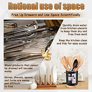 Tiosamd Kitchen Utensil Holder Tableware Storage Bucket, Spoon Chopsticks Fork Drain Rack Utensil Crock for Counter, Household 3-Format Tableware Drainer with Removable Divider and Wooden Base