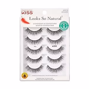 KISS Looks So Natural, False Eyelashes, Shy', 12 mm, Includes 5 Pairs Of Lashes, Contact Lens Friendly, Easy to Apply, Reusable Strip Lashes, Glue On