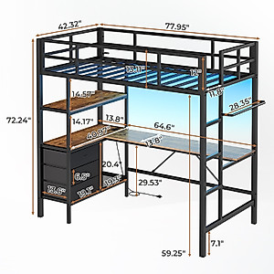 DICTAC Twin Metal Loft Bed with L-Shaped Desk, LED Lights,Charging Station LED Loft Bed Frame Twin Size with 3 Storage Shelves and 3 Fabric Drawers, Safety Guard & Ladder, No Box Spring Needed, Black