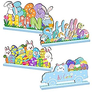 4PCS Easter Wooden Table Sign, Happy Easter Bunny Table Centerpieces Spring Tabletop Colorful Easter Egg Hunt Table Centerpiece Signs for Dinner Party Indoor Decoration