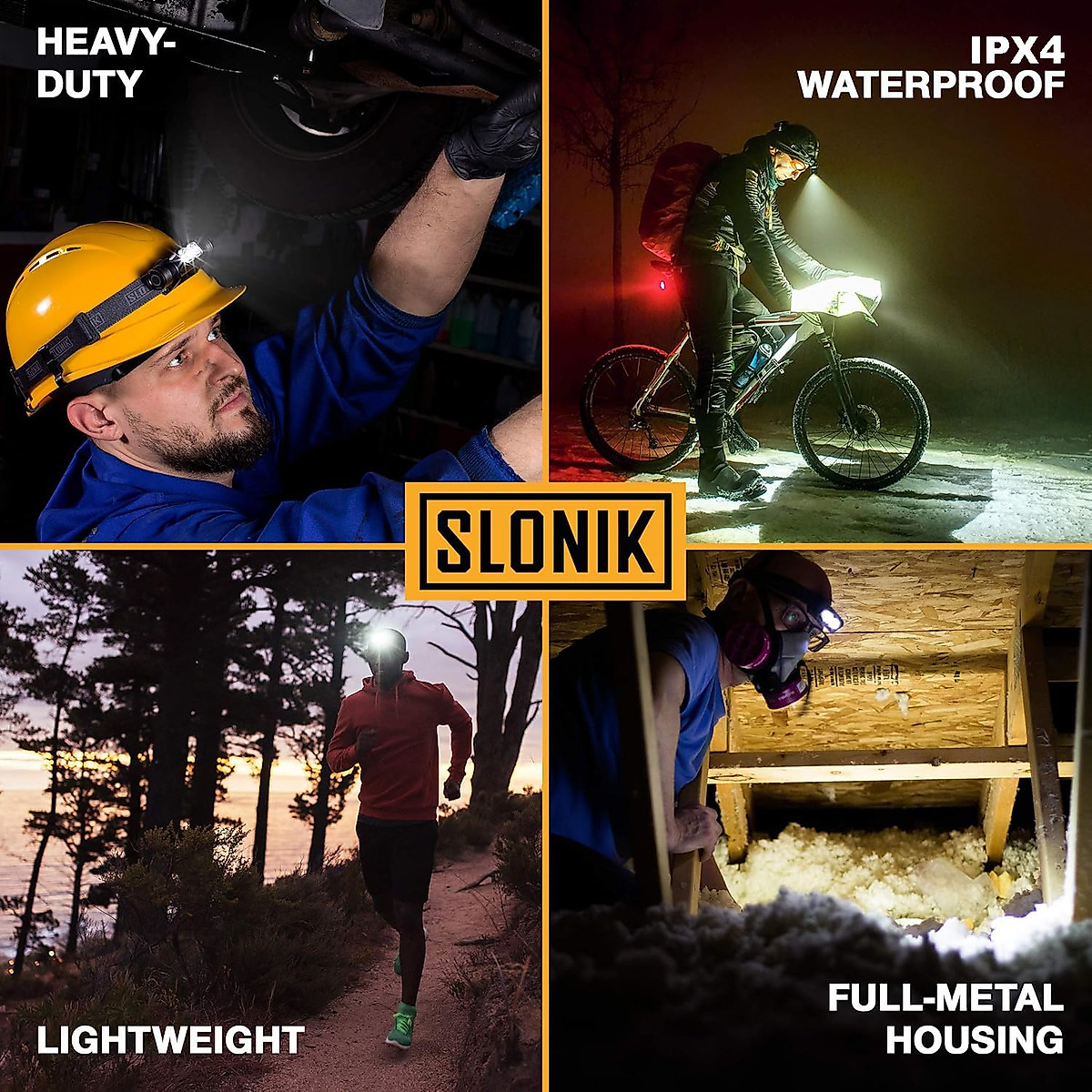 SLONIK Rechargeable Headlamp for Adults - 1000 Lumens Super Bright 60 ft Beam LED Flashlight - Lightweight, Heavy-Duty, IPX4 Waterproof Hard Hat Light - Camping Gear, Running Headlight, Black