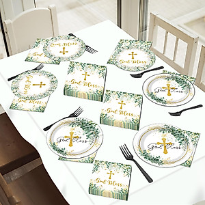 Naozinebi 200Pcs God Bless Baptism Plates Napkins First Holy Communion Party Tableware Set Christening Ceremony Dinnerware Confirmation Paper Plates for Mi Bautizo Baby Shower Decor Supplies Serve 50