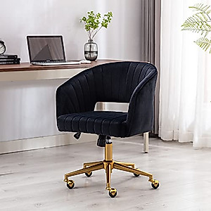 Home Office Chair Swivel Velvet Desk Chair Accent Armchair Upholstered Modern Tufted Chairs with Gold Base for Girls Women Ergonomic Study Seat Computer Task Stools for Living Room(Black)