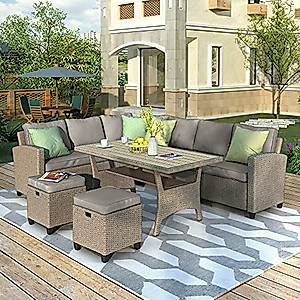 FZZDP 5 Pcs Outdoor Conversation Set Patio Furniture Set All Weather Wicker Sectional Couch Sofa Dining Table Chair w/Ottoman&Pillow (Color : D)