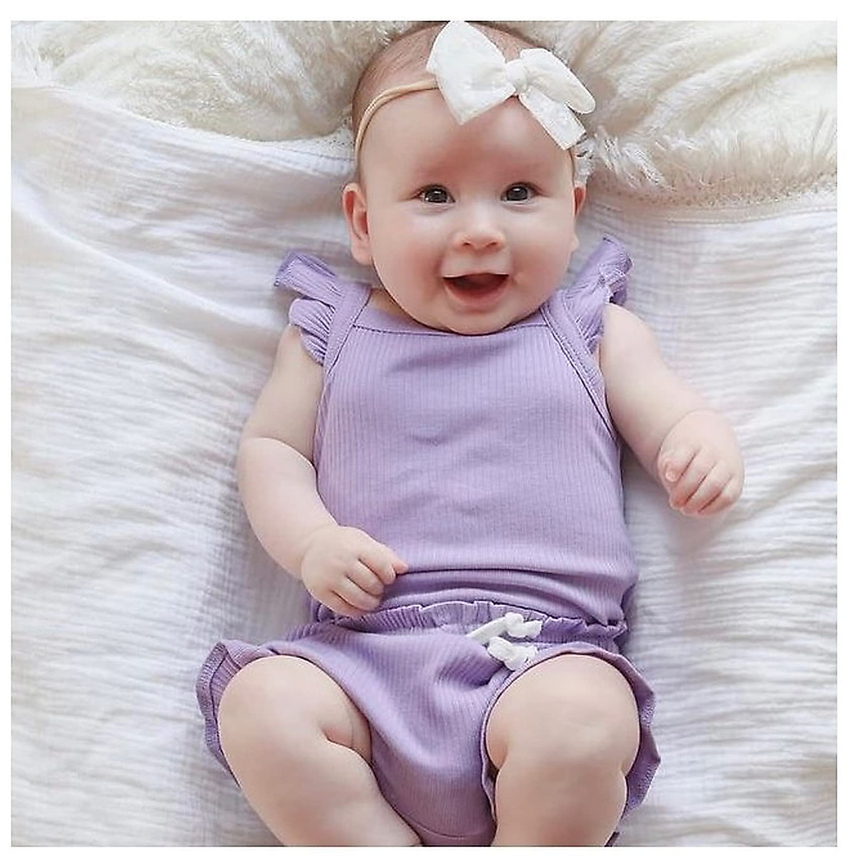 Toddler Baby Girl Summer Short Clothes Ribbed Ruffle Sleeve Tops+Elastic Drawstring Short Pants Two Piece Solid Outfit Set (A-Purple, 12-18 Months)
