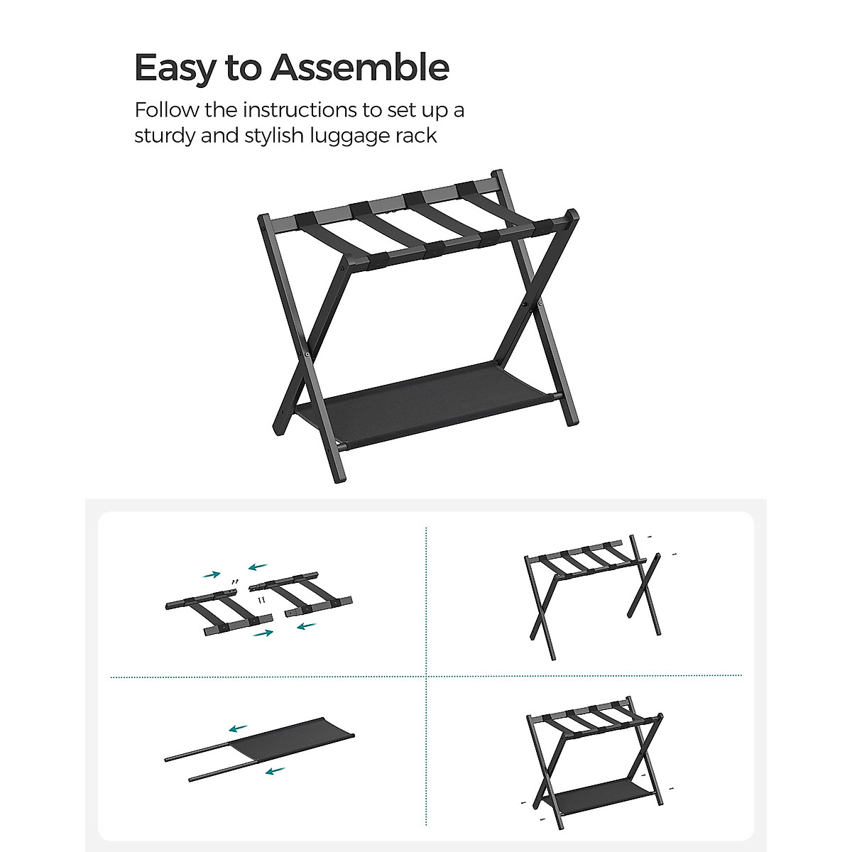 SONGMICS Luggage Racks for Guest Room, Set of 2, Suitcase Stand with Storage Shelf, Steel Frame, Foldable for Easy Storage, Hotel, Bedroom, Black URLR003B02