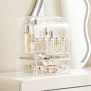 HBlife Large Clear Acrylic Cosmetic Makeup Organizer with Lid, High Capacity Cosmetics Storage Display Case with Drawers, Dustproof Waterproof Make Up Storage Box for Vanity Bathroom, XL