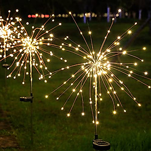 Wo garzio Solar Firework Lights, Solar Garden Lights, 120 LED Outdoor Waterproof Firefly Path Lights, Solar Decorative Light Garden Channel Decorative Insert Light, Warm White (2 Pack)