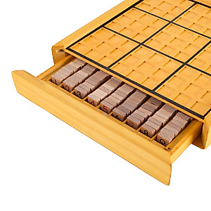 Sudoku Set - Wood Number Tiles, Game Board, and Tile Storage Drawer with Puzzle Book - 100 Challenging Brain Teasers for Adults and Kids