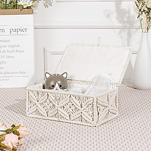 ANMINY Macrame Storage Basket with Lid & 25Pcs Organza Gift Bags Bohemian Jewelry Box Handmade Woven Natural Cotton Rope Lidded Bin Decorative Desktop Organizer Countertop Tank Shelf Cabinet Container