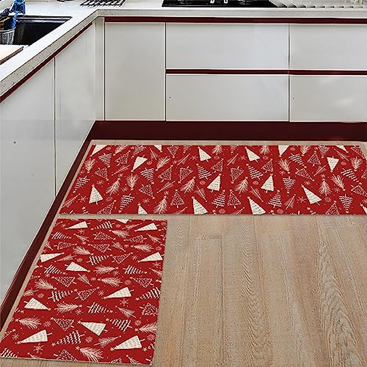 Libaoge Christmas Kitchen Rugs and Mats Set of 2 Xmas Tree Red Background Kitchen Sink Mat,Non-Slip Area Runner Rug,Washable Floor Mat for Home Dining Room Office 20"x32"+20"x63"