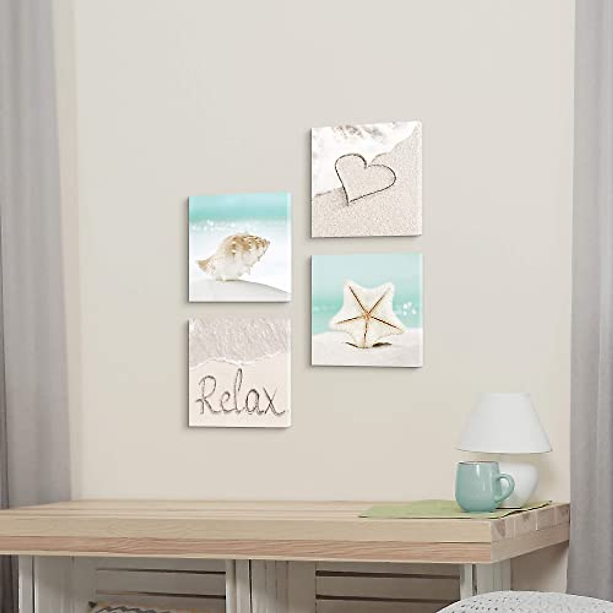 Coastal Seashell Picture Wall Art - Beach Themed Canvas Print Relaxing Seascape Artwork Contemporary Calming Seaside Starfish Conch Nature Photography Summer Blue Sea Ocean Scenery Painting for Bathroom Bedroom Office