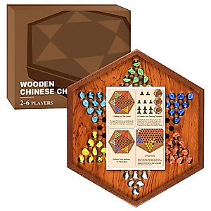 Upgraded Wooden Chinese Checkers with Drawers 12.7 Inches Wooden Board Game Includes 72 Colorful Glass Marbles Easy Grasping for Adults and Kids