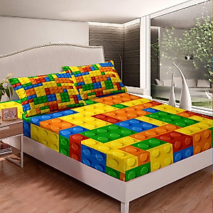 Kids Games Bed Sheet Set for Child Bedroom Color Building Blocks Fitted Sheet for Boys Girls Gift Toy Brick Bedding Set Nursery Bed Cover with Pillowcase Decor 3 Pcs Full Size