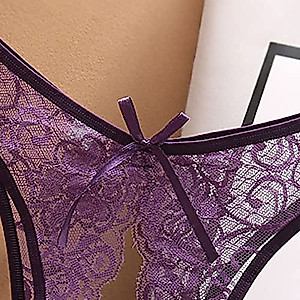 TIFZHADIAO Sexy Thongs Underwear for Women Lace Lingerie No Show Panties Ladies Breathable Low Rise T-Back Underpants Purple