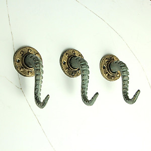 Zeckos Set of 3 Verdigris Bronze Cast Iron Octopus Tentacle Wall Hooks: Nautical Key Hangers, 4.5 Inches High - Easy to Install - Enhance Your Decor with Coastal Charm