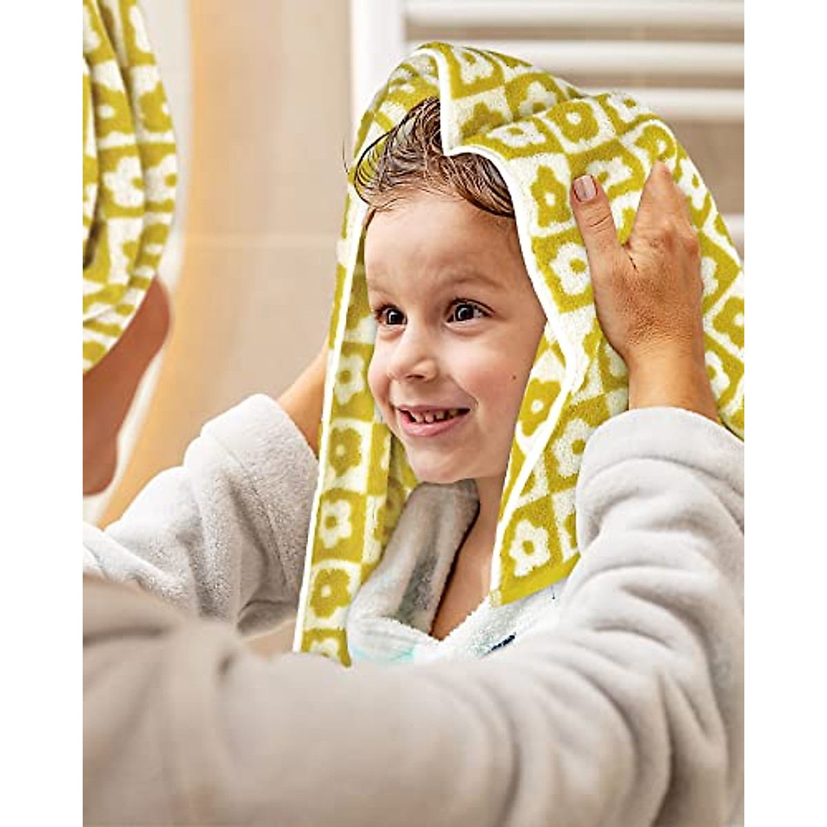 4 Pack Cotton Hand Towels for Bathroom Kitchen - Soft and Quick Drying Face Towels Checkered Floral Yellow, 410 GSM, 29” x 13”