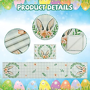 FRAMICS Easter Table Runner with Placemats Set of 4 Cute Plaid Bunny Rabbit Ears Flowers Table Runners and Table Mats Spring Linen Table Decor 14x72 Inches for Gathering Home Party Dinner