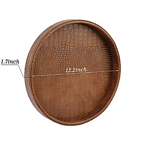 HofferRuffer Faux Leather Round Serving Tray, Vegan Croco Leather Decorative Tray, Food Tray for Storage Drinks, Snack & Cosmetics, Dia.12'' x 1.6'' (Antique Brown)